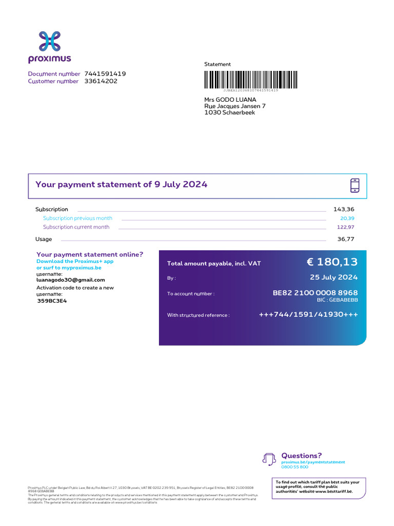 Your Payment Statement of 9 July 2024: 7441591419 33614202 Mrs Godo Luana Rue Jacques Jansen 7 ...