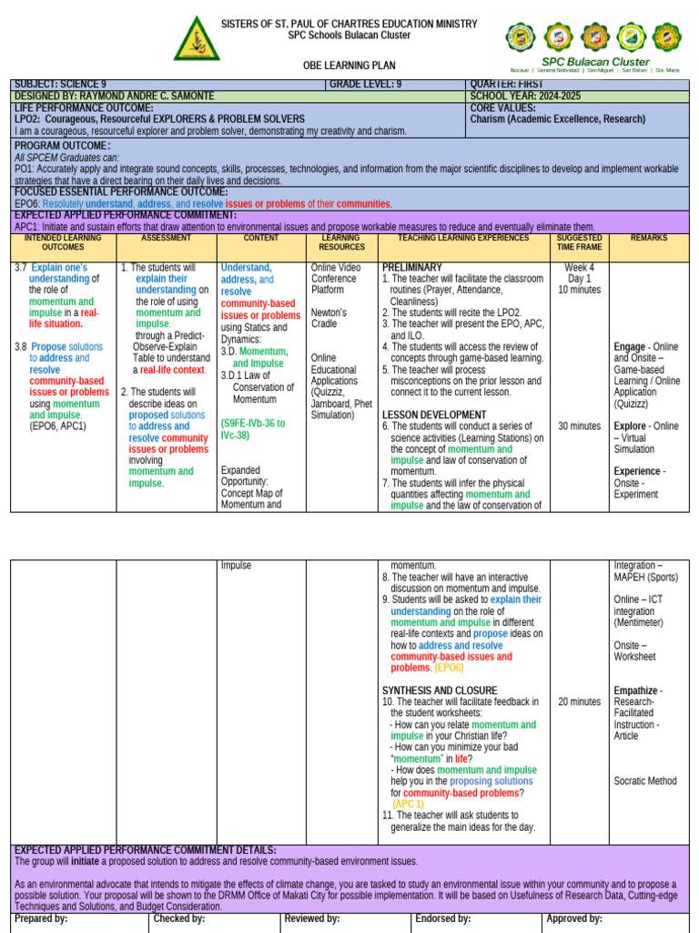 SPCEM - Sample Learning Plan Template With Cluster Heading and ...