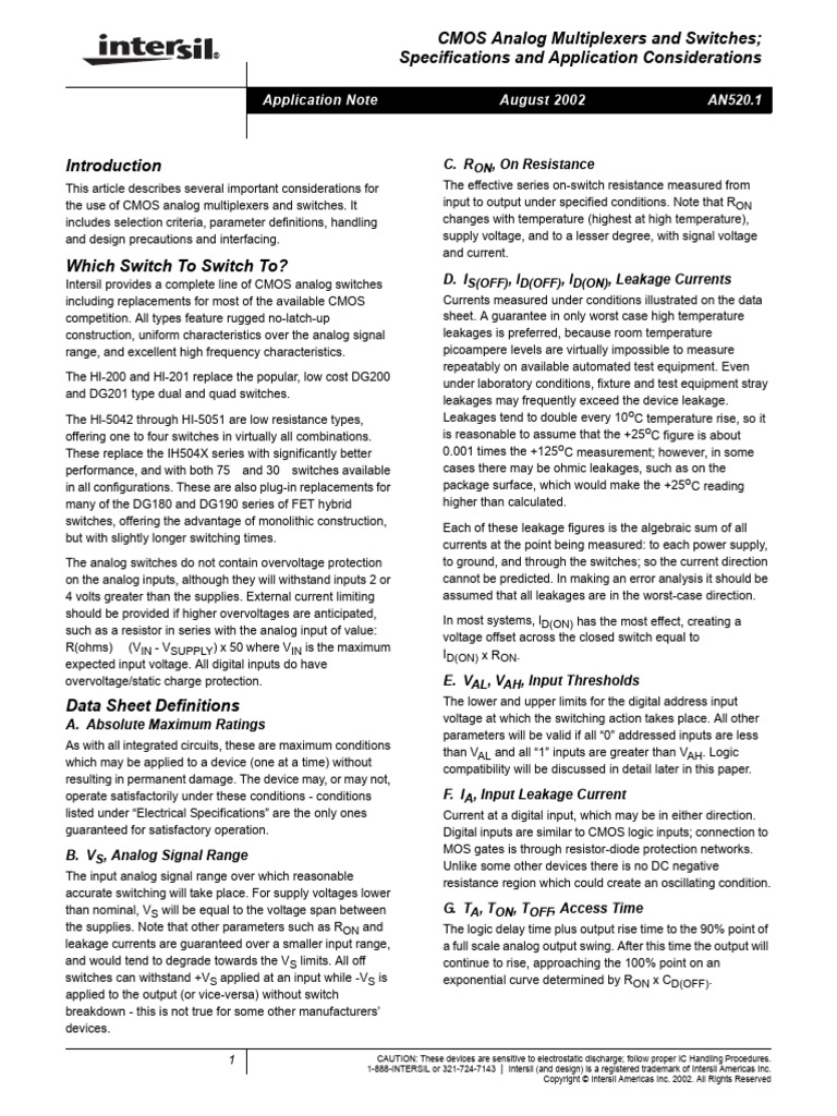 Intersil An520 AnalogSwitchesConsiderations | PDF | Cmos | Resistor