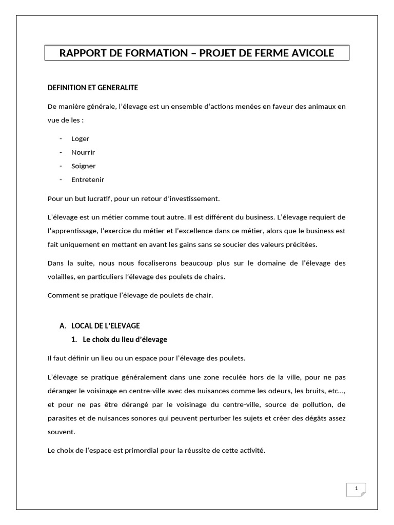 Rapport de Formation - Projet de Ferme Avicole | PDF