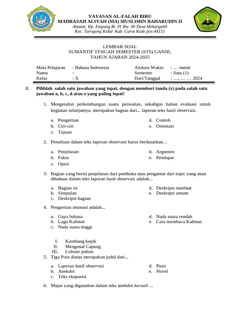 Lembar Soal STS Kelas X B. Indo | PDF