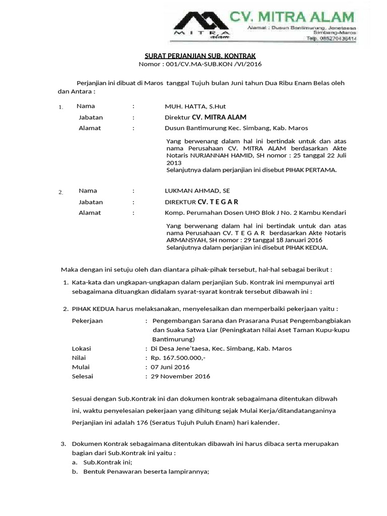 Surat Perjanjian SUBKON | PDF