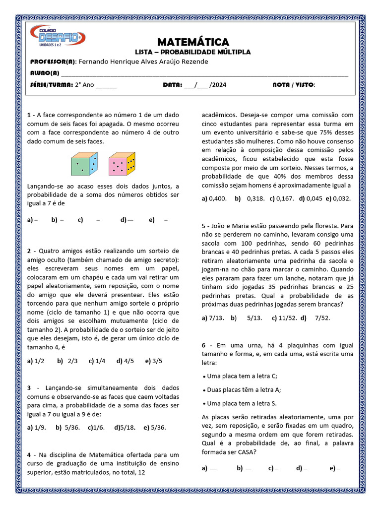 Lista - 2° Ano (Probabilidade Multipla) | PDF