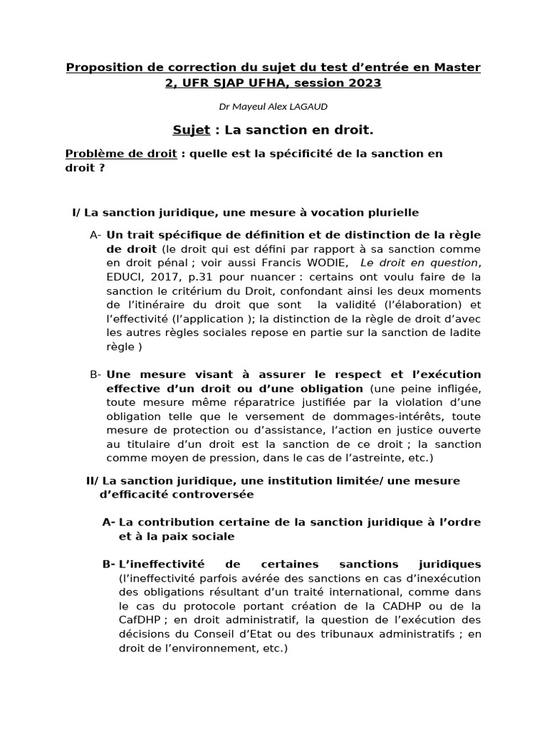 Proposition de Correction - Test de Master 2 UFR SJAP 2023 | PDF