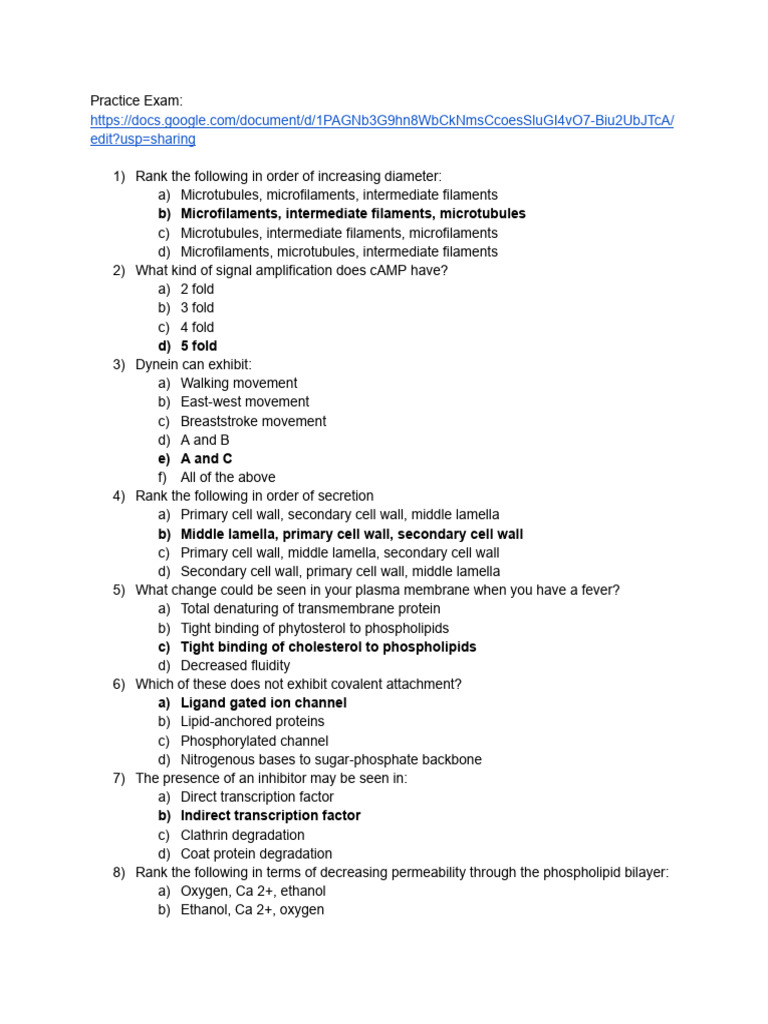 CELL 1010 Practice Exam 2 Answer Key | PDF