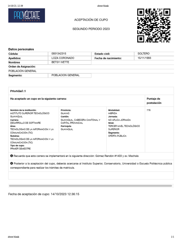 Aceptacion de Cupo | PDF