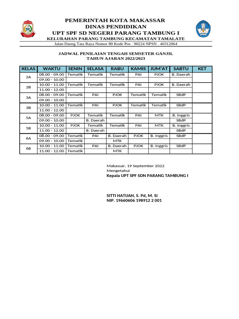 Jadwal Pts Ganjil Tahun 2022-2023 | PDF