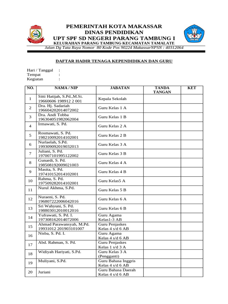 Daftar Hadir Absen Guru Lengkap | PDF