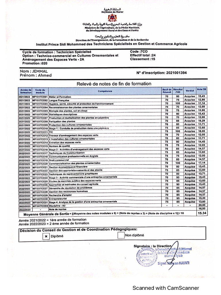 Relevé de Note de Fin de Formation | PDF