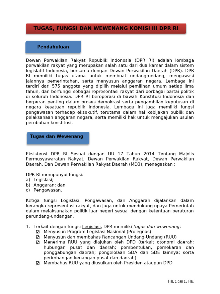 Tugas Dan Fungsi DPR RI Komisi III | PDF