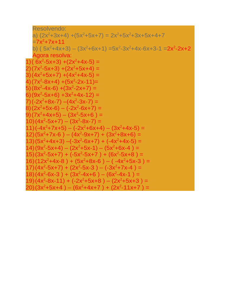 Resolvendo Soma e Subtração de Polinomios 18-09-2015 | PDF