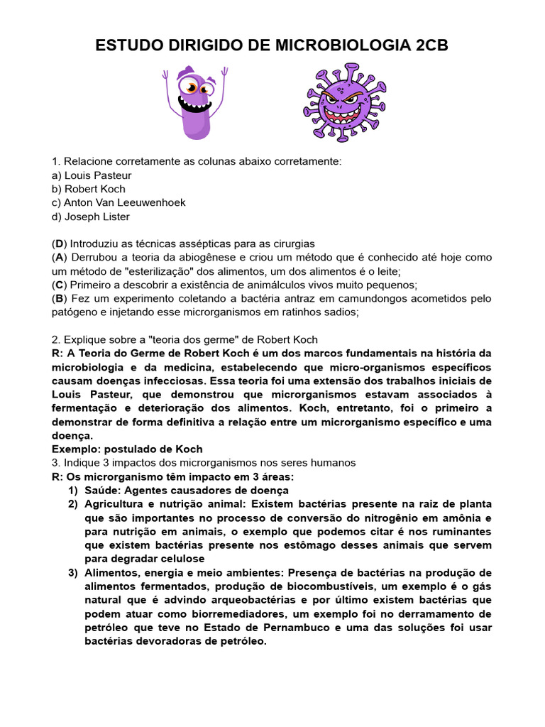 Estudo Dirigido de Microbiologia 2cb | PDF
