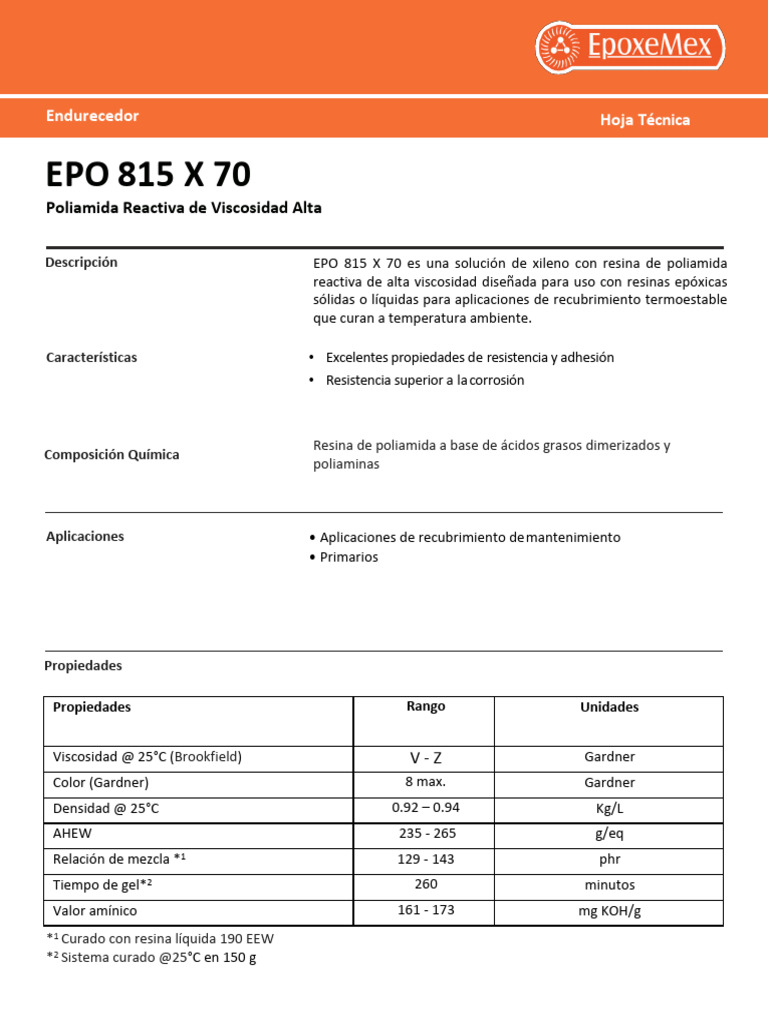 EPO 815 X 70: Endurecedor Hoja Técnica | PDF