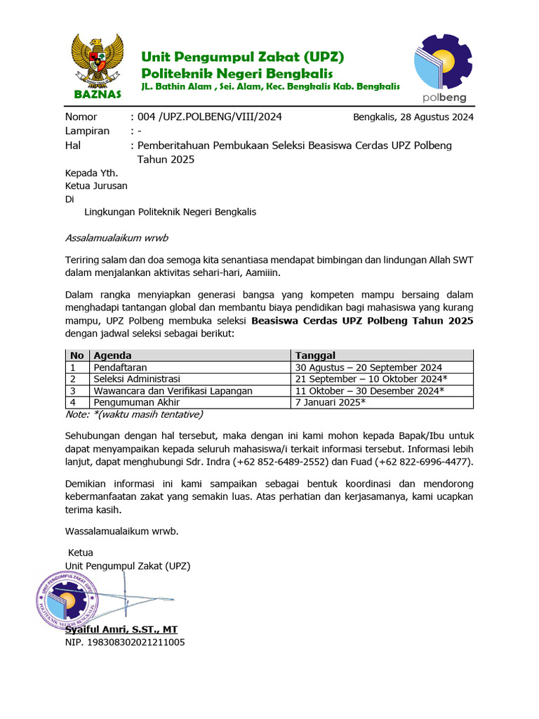 Beasiswa Cerdas UPZ Polbeng 2025 | PDF | Karier & Perkembangan ...