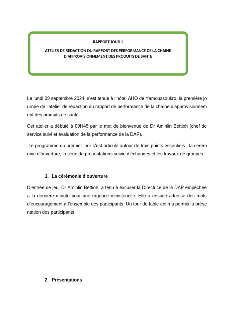 Rapport J1 Atelier DAP Yamoussoukro | PDF
