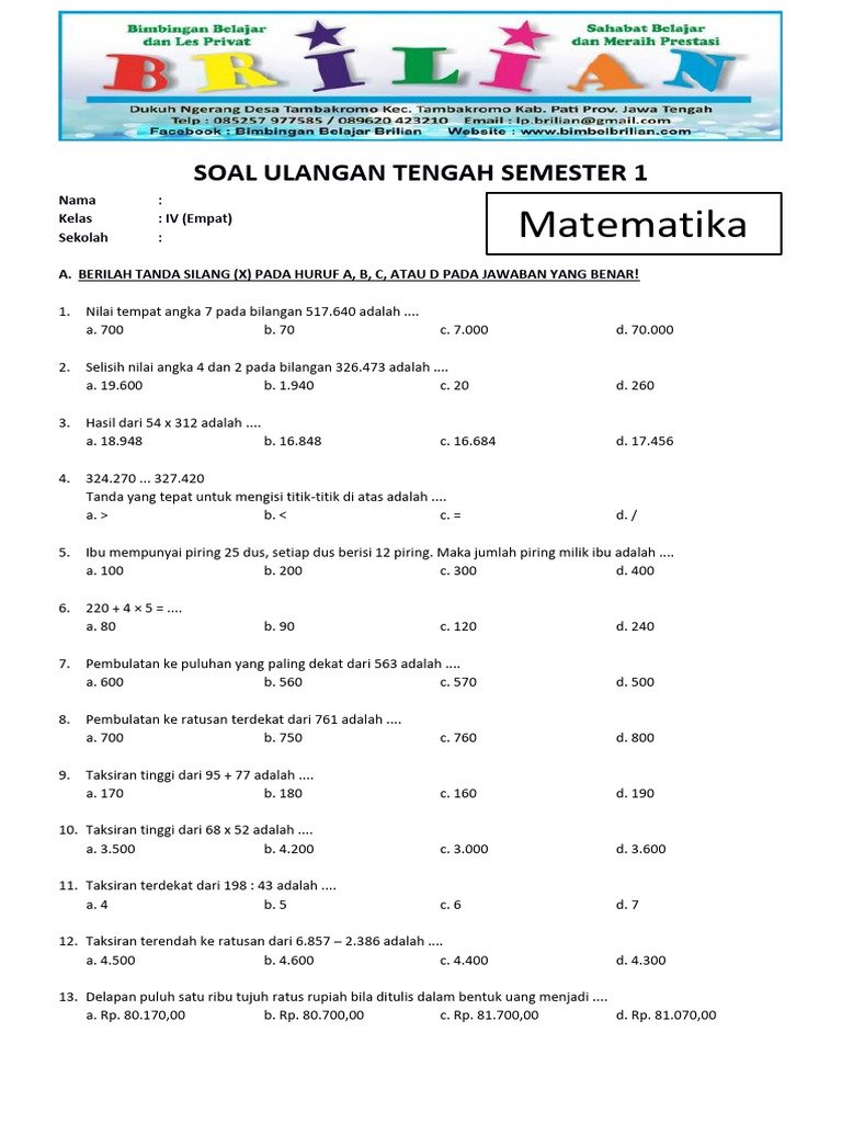 Soal UTS Matematika Kelas 4 SD Semester 1 (Ganjil) Dan Kunci Jawaban | PDF