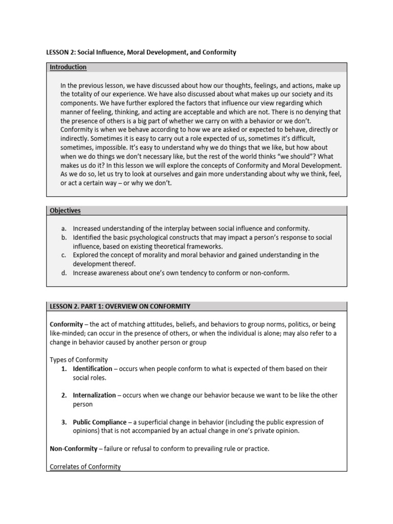 Lesson 2 Social Influence, Moral Development, and Conformity | PDF ...