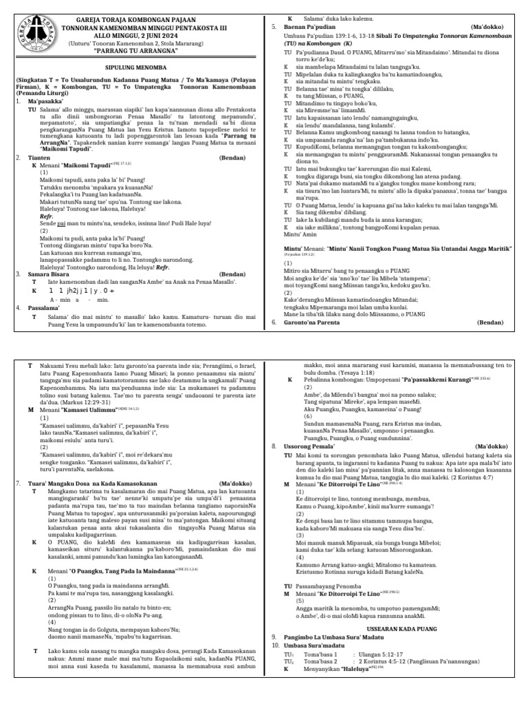 Liturgi 2 Juni 2024 Lit 2 Bahasa Toraja | PDF