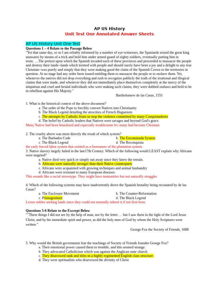 Answers Unit 1 Apus Test | PDF