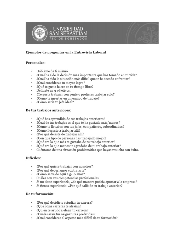 Ejemplos de Preguntas en La Entrevista Laboral | PDF