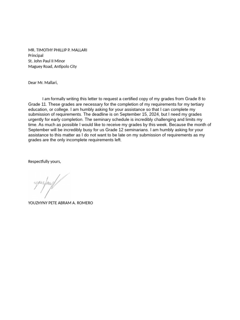 Request Letter For Certified True Copy of Grades | PDF