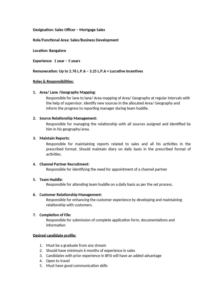 Sales Officer - Mortgage Sales | PDF