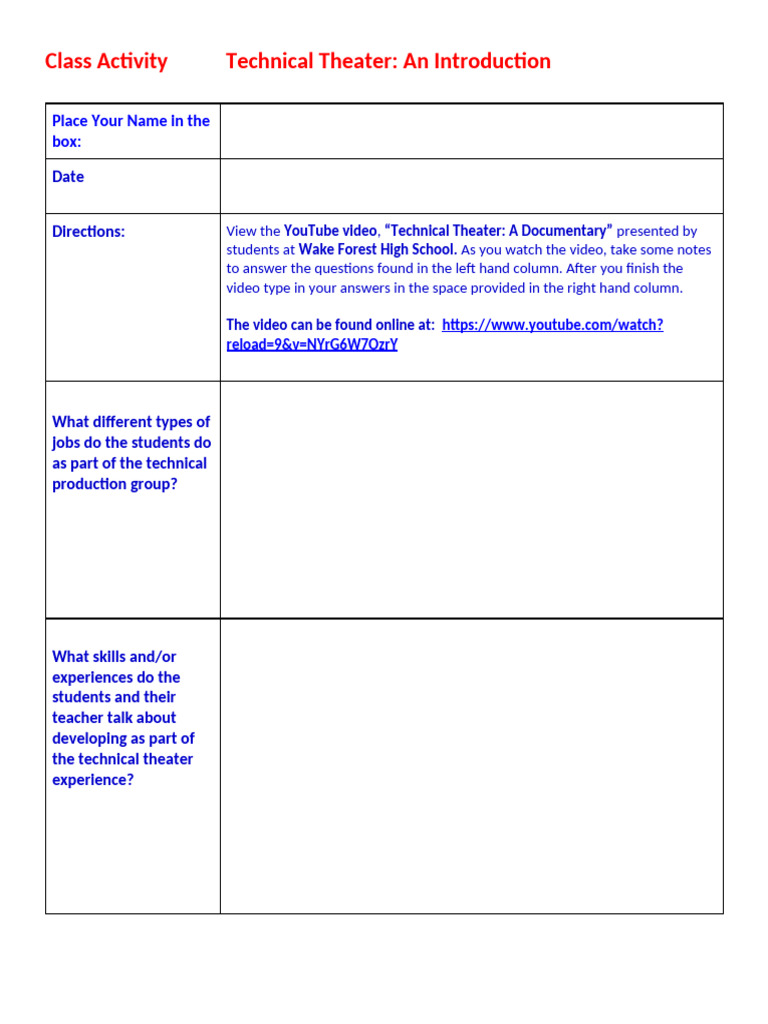 Activity Technical Theater A Documentary | PDF