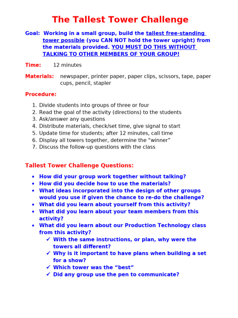 The Tallest Tower Challenge Activity Directions | PDF