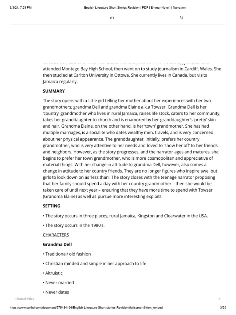 English Literature Short Stories Revision Two Grandmothers | PDF