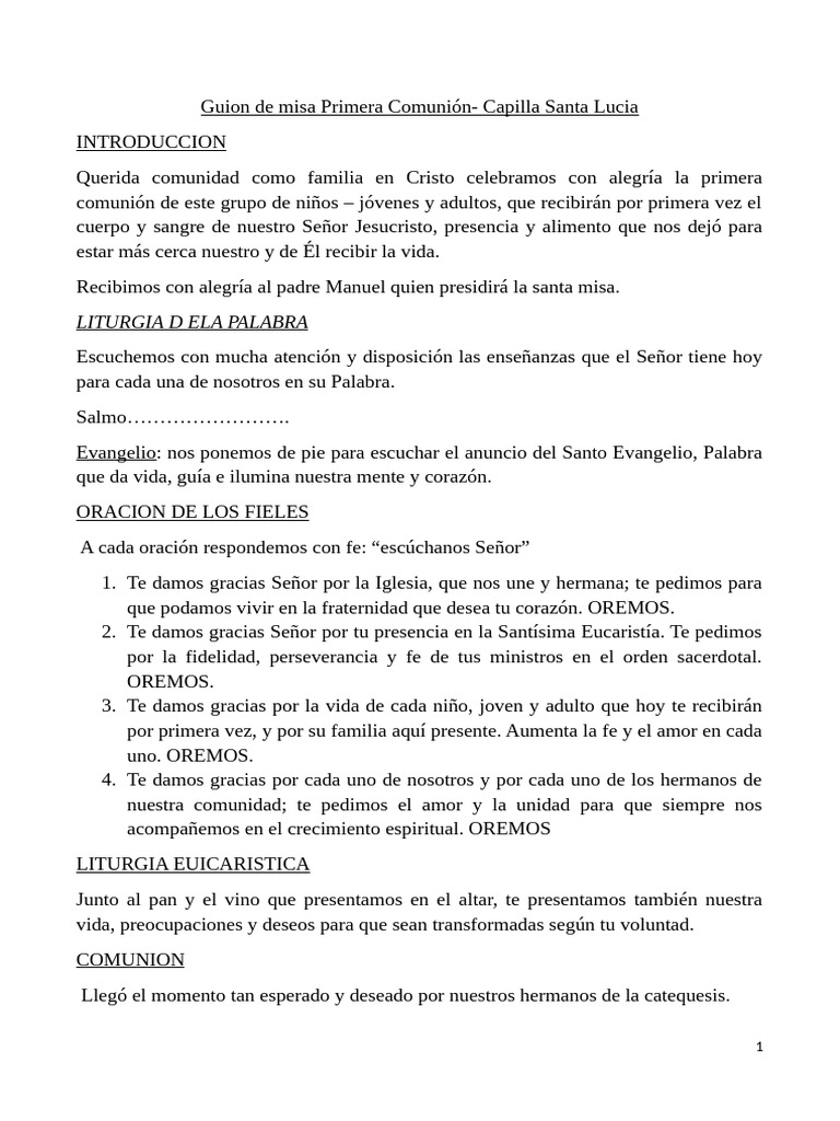 Guion de Misa Primera Comunión | PDF