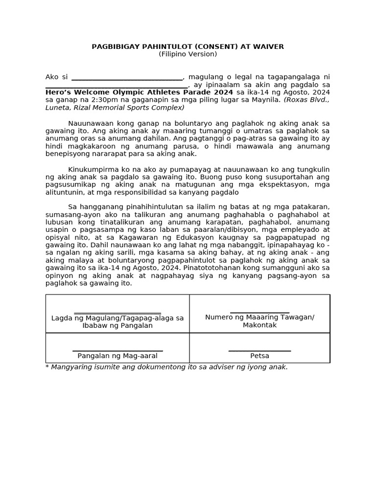 Sample Parent Consent Waiver Tagalog | PDF | Social Science | Wellness