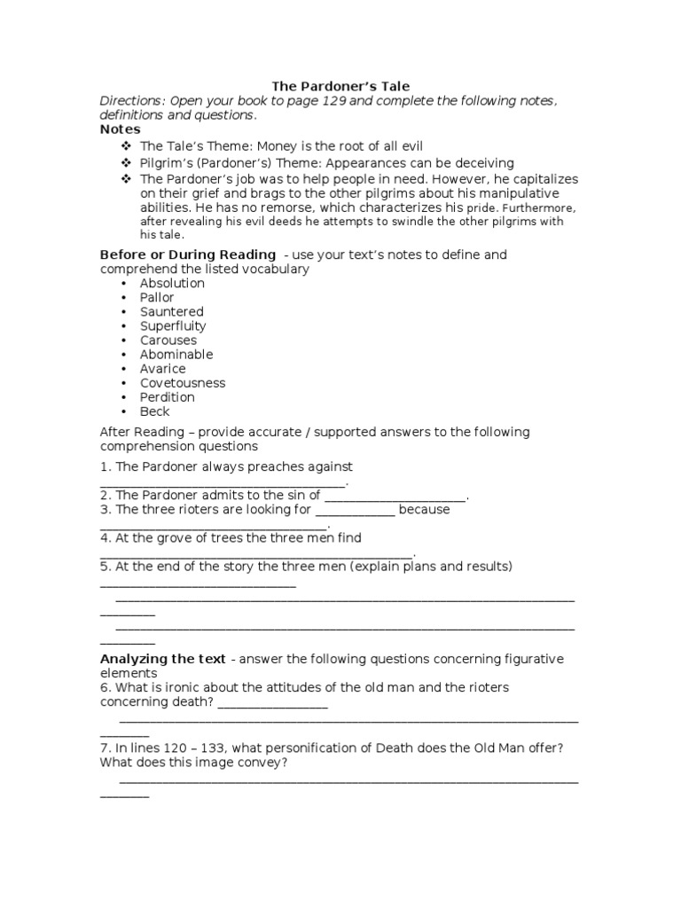 The Pardoners Tale Reading Worksheet | PDF | Irony