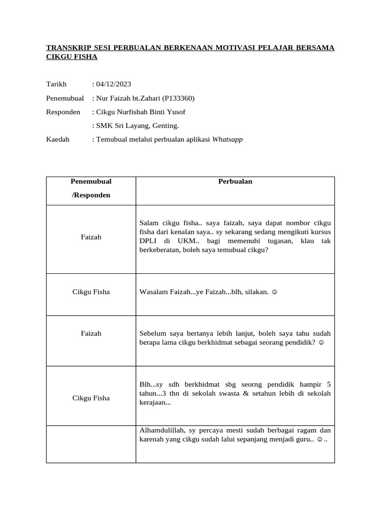 Transkrip Sesi Perbualan Berkenaan Motivasi Pelajar Bersama Cikgu Fisha ...