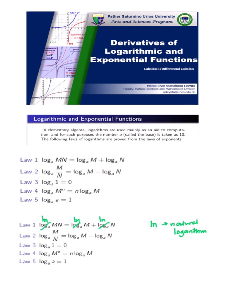 Lesson 16 Derivatives of Logarithmic and Exponential Functions DIFF CAL | PDF