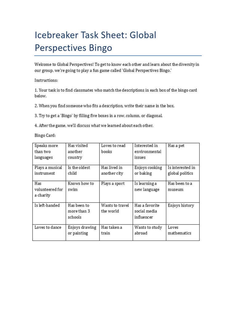 Global Perspectives Bingo Task Sheet | PDF | Social Science | Art