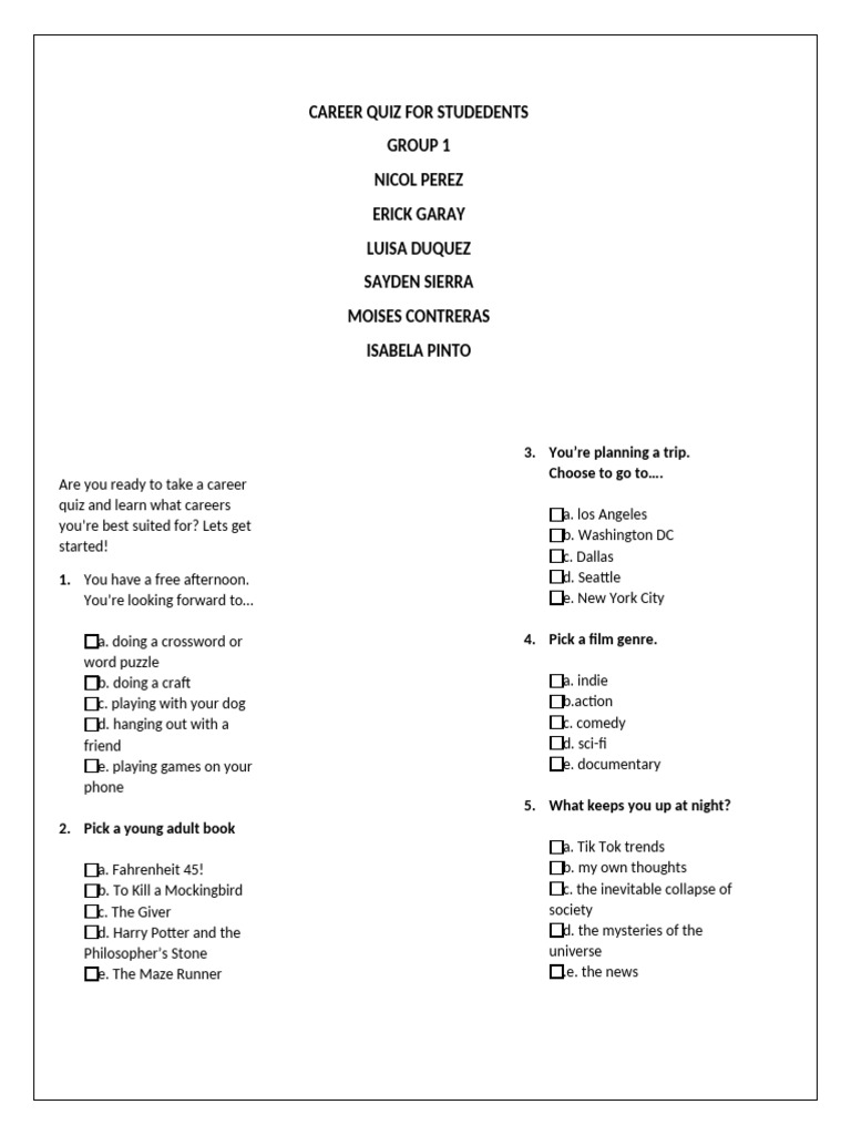 Career Quiz For Studedents | PDF | Games & Activities