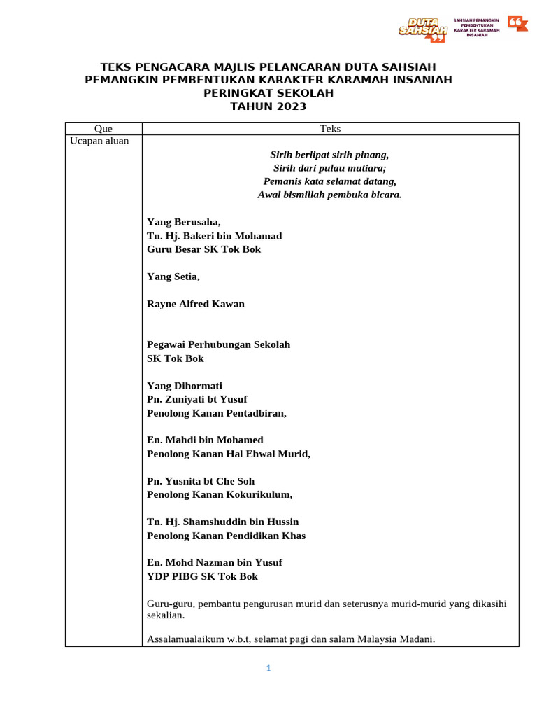 Teks Pengacara Majlis Pelancaran Duta Sahsiah Pemangkin Pembentukan Karakter Karamah Insaniah ...
