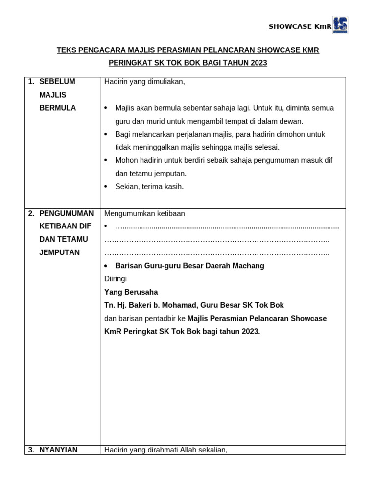 Teks Pengacara Majlis Perasmian Pelancaran Showcase KMR Peringkat SK Tok Bok Bagi Tahun 2023 | PDF