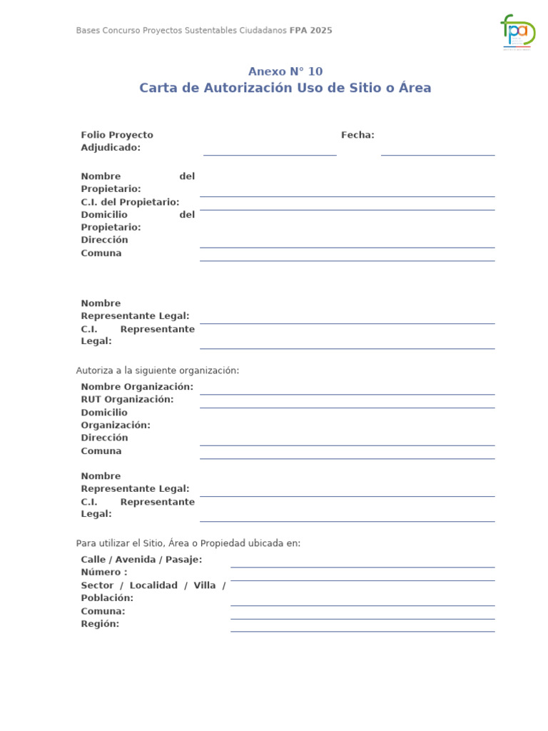 Anexo 10 Carta Autorizacion Uso Sitio o Area 2025 C | PDF