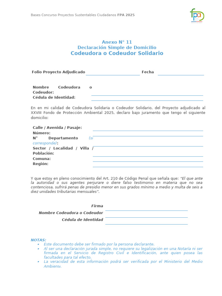 Anexo 11 Declaracion Simple Domicilio Codeudora o Codeudor Solidario 2025 C | PDF