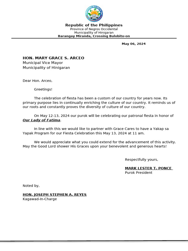 Hinigaran Fiesta Celebration Support Request | PDF