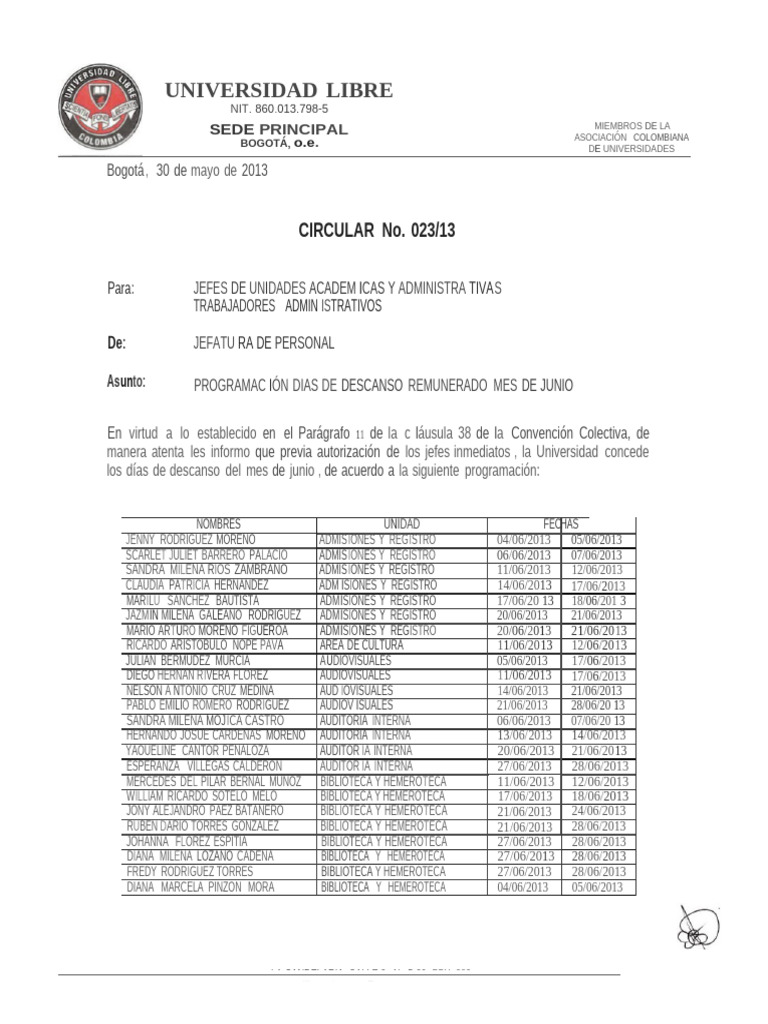 Circular 023-13 Permiso Remunerado Mes de Junio | PDF