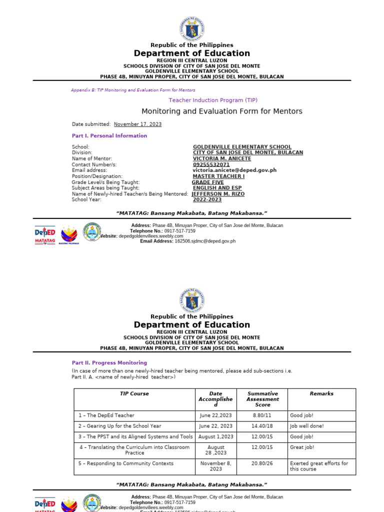 Monitoring and Evaluation Form For Mentor | PDF
