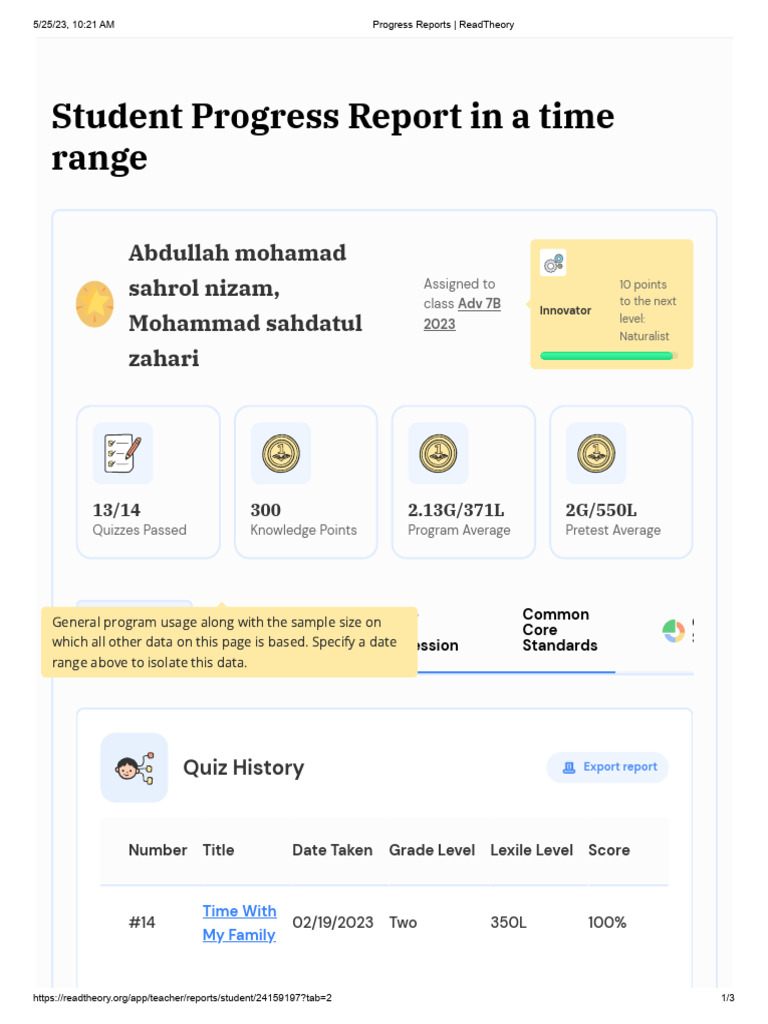Progress Reports - ReadTheory - 371 Lexile Boy | PDF