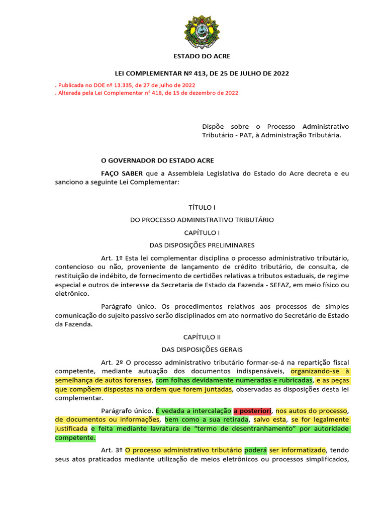 Lei Complementar N 413 de 25 de Julho de 2022 - Processo Administrativo Tributario - PAT ...