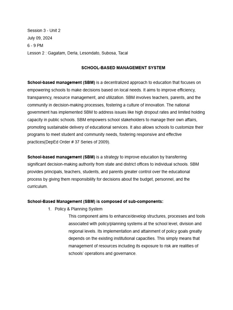 Session 3 Unit 2 SCHOOL BASED MANAGEMENT SYSTEM Gagatam Derla Lesondato ...