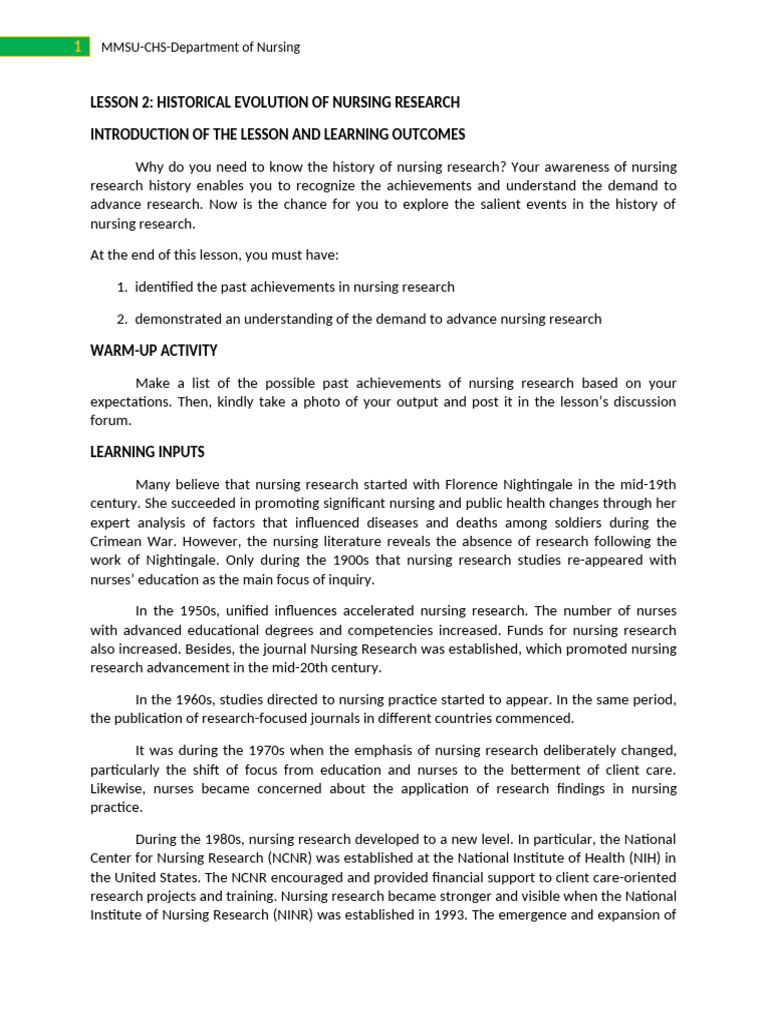 2 Chapter 1 Lesson 2 Historical Evolution of Nursing Research | PDF