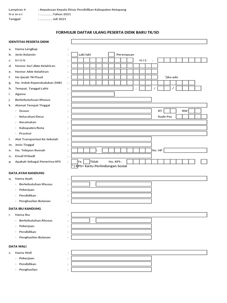 Lampiran Form DFTR Ulang PPDB 2021 | PDF