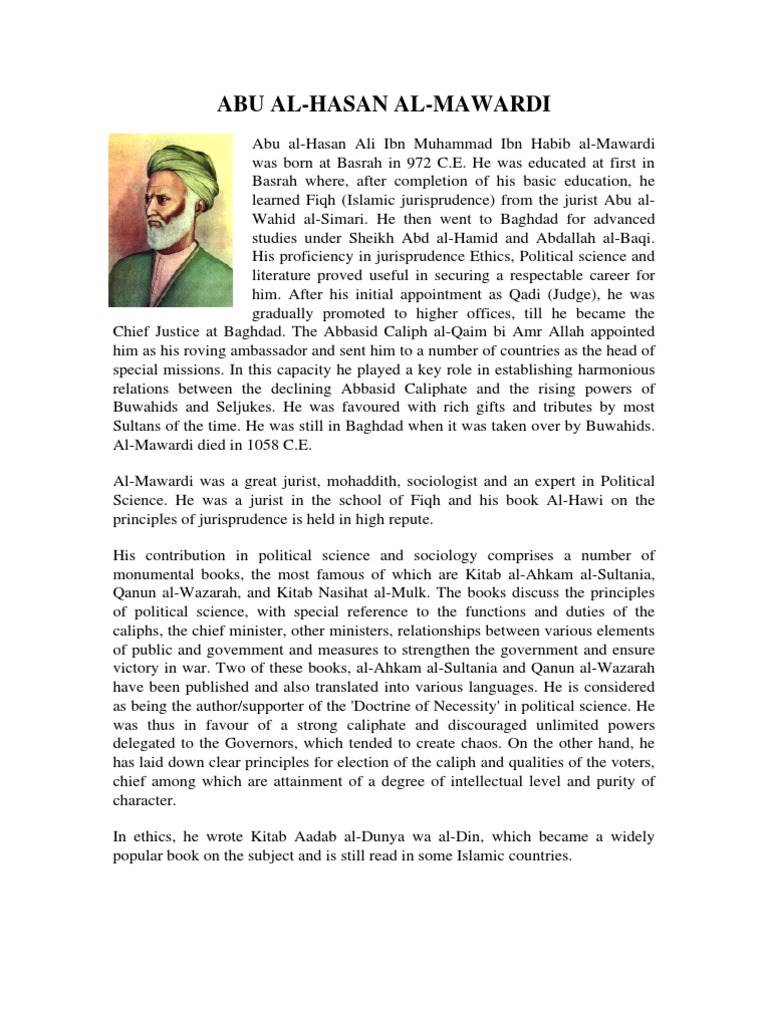 Abu Al Hasan Al Mawardi | PDF | Caliphate | Islam And Politics