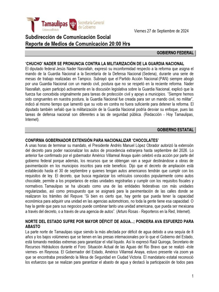 2024 0927 Reporte de Medios de Comunicacion 20 Hrs | PDF